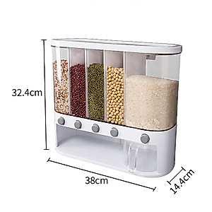 DAOGUAN Rice Dispenser 5-Grid Wall Mounted Dry Food Storage Container Grain Storage Tank 12L Food Dispenser Rice Bucket with Lid Kitchen Container for Rice Grain Nuts Beans,White,155736Y87TKPHCRM9