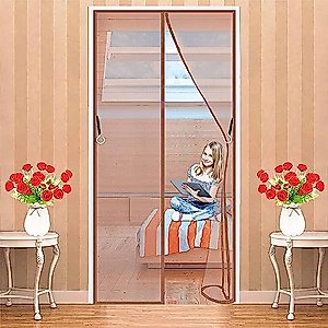 Magnetic Screen Door, Screen Size:32x96in/83x245cm(Width*Height)，Hands Free Mesh Partition,Heavy Duty Screen Door Mesh Curtain Keeps Bugs Out, Pet and Kid Friendly(Brown)