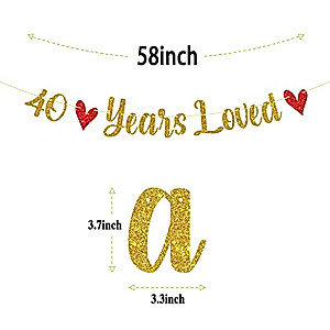 Gold Glitter 40 Years Loved Banner, 40th Birthday Party Decorations for Women Men, 40th Wedding Anniversary Party Decoration Supplies