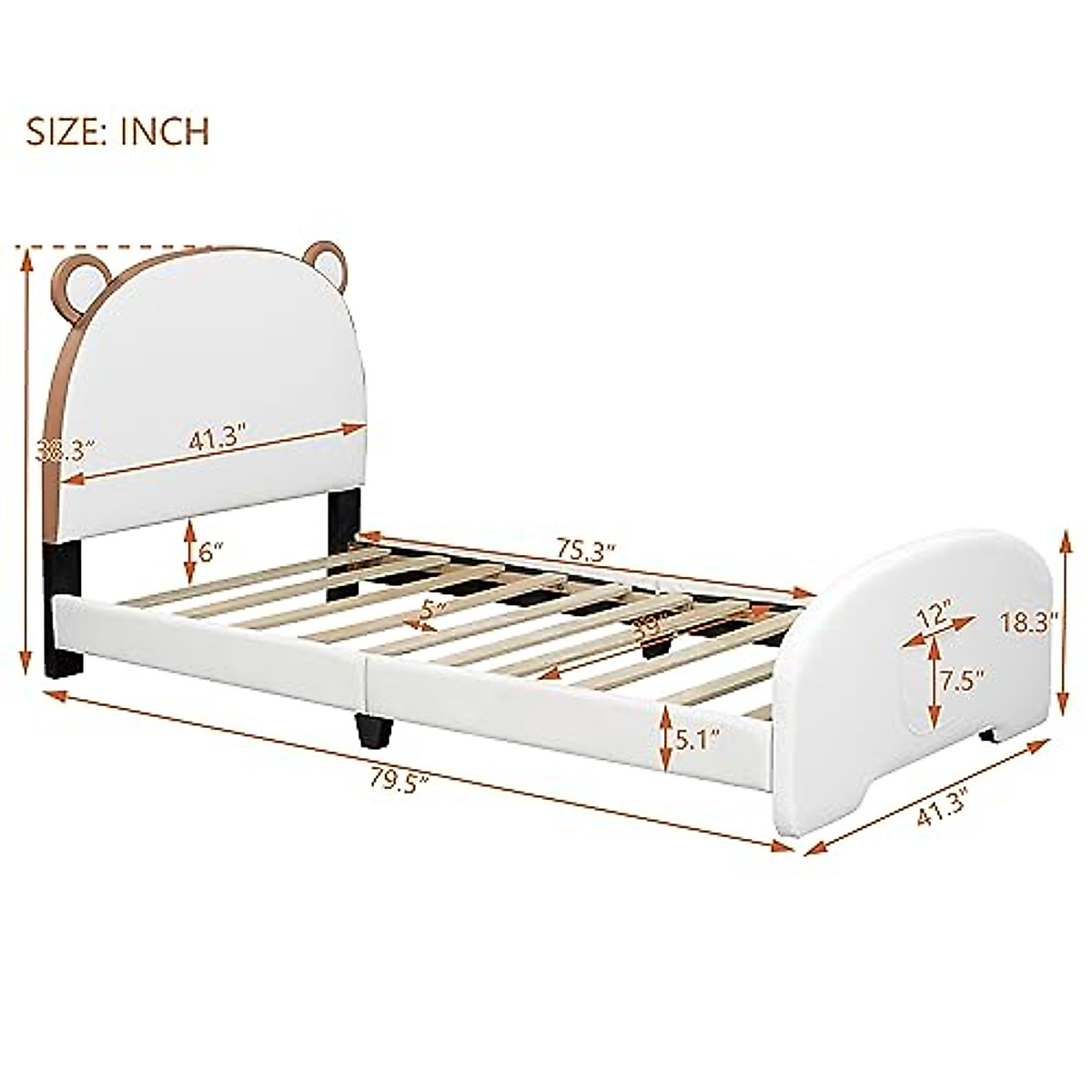 Harper & Bright Designs Upholstered Kids Bed Frame with Bear Shape Headboard, PU Upholstered Twin Size Platform Bed with Slat Supports, Cute Kids Bed for Boys Girls (Twin,White+Brown)