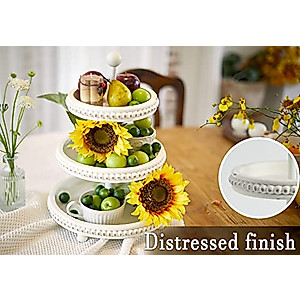 SwallowLiving Farmhouse 3 Tier Tray, White Three Tiered Tray Wood Stand with Shabby Chic Beaded for Home & Kitchen or Coffee Bar Decorations, 12.4 x 12.4 x 16.5 inchs