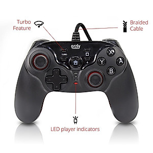 Orzly Pro Gamepad Turbo Controller for Nintendo Switch - TWIN PACK - 2x Plug and Play USB Wired Game Pads with Extra Long 3m Cable (10ft) and Turbo Buttons for Nintendo Switch (BLACK Control Pads x2)