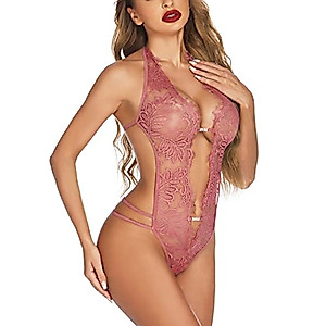 Avidlove Sexy Lingerie for Women V Neck Halter Teddy Lace Bodysuit Sexy One Piece Sleepwear