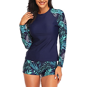 Daci Women Blue Leaves Two Piece Rash Guard Long Sleeve Swimsuits UV UPF 50+ Swim Shirt Bathing Suit with Boyshort Bottom XS