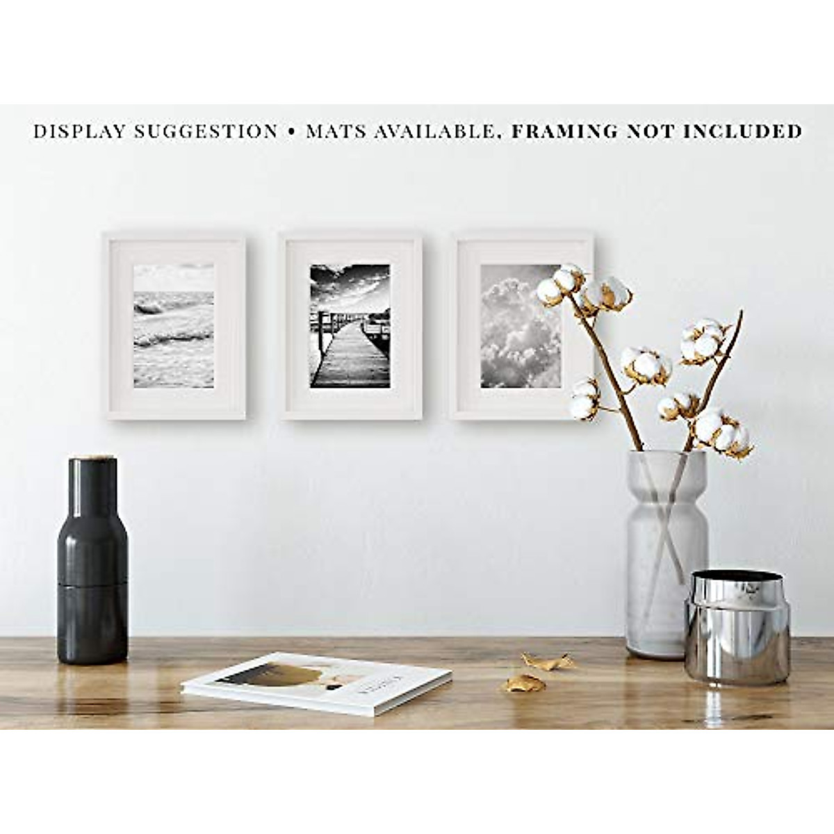 LISA RUSSO FINE ART Black and White Wall Art Set of 3 5x7” Prints, Unframed, Black and White Minimalist Ocean, Clouds, Nautical Pictures for Office, Bedroom, Bathroom Walls