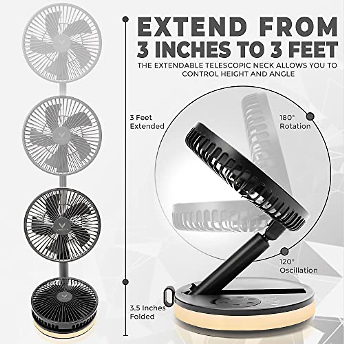 VENTY Original Portable Fan - Wireless Battery Operated Fan With 4 Speeds, LED Lighting, Carry Case & Remote Control - Premium Travel Rechargeable Fan & Power Bank With USB & USB-C Ports (Black)