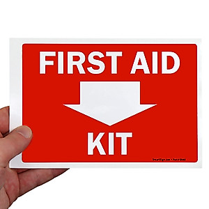 SmartSign (Pack of 4) 5 x7 inch “First Aid Kit” Sticker Labels with Down Arrow, 5 mil Laminated Polyester with SuperStick Adhesive, Red and White