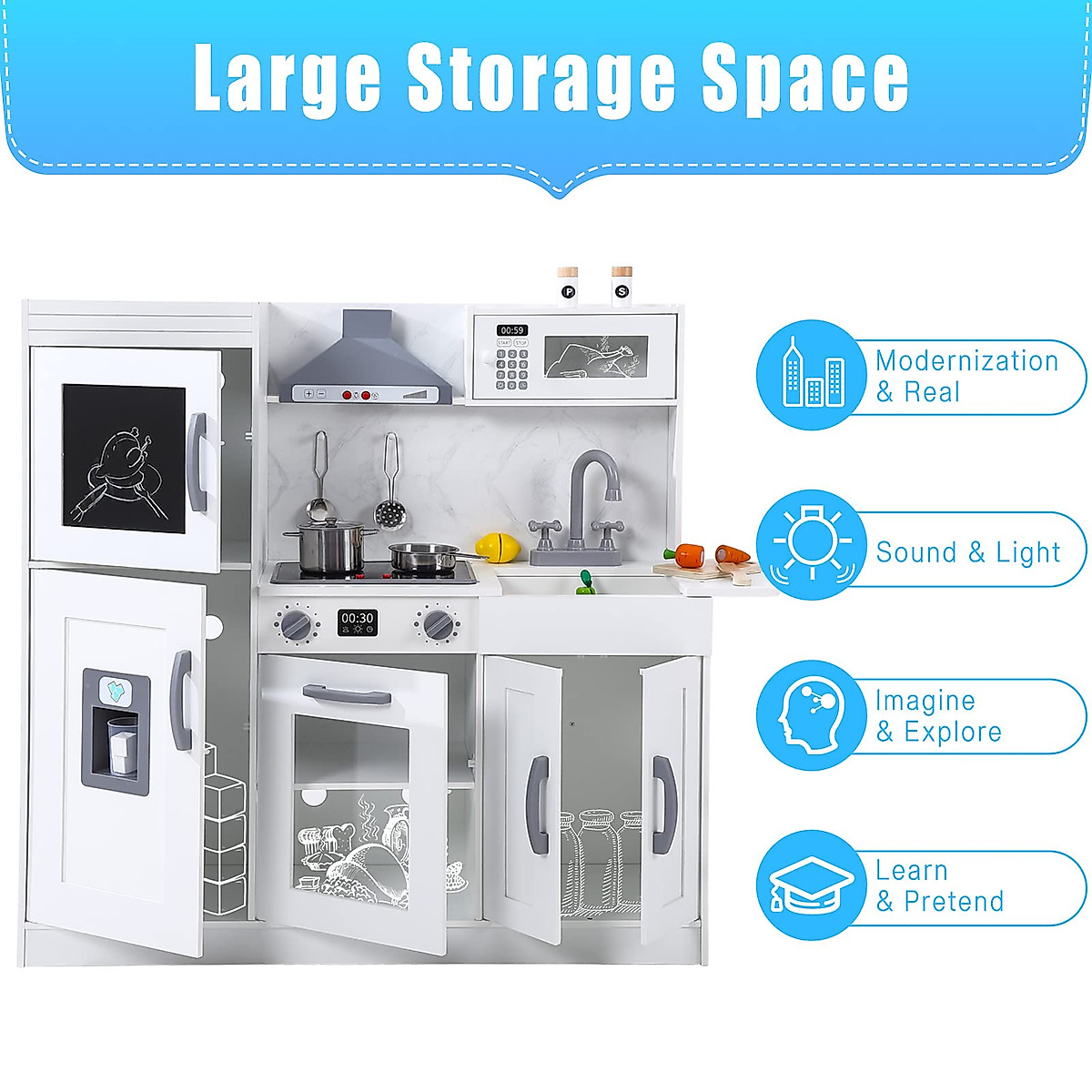 Kids Kitchen Playset, Wooden Chef Pretend Play Set with 20 PCS Cookware Accessories, Wooden Cookware Pretend with Ice Maker, Microwave, Oven, Range Hood, Sink, Real Lights & Sounds，White