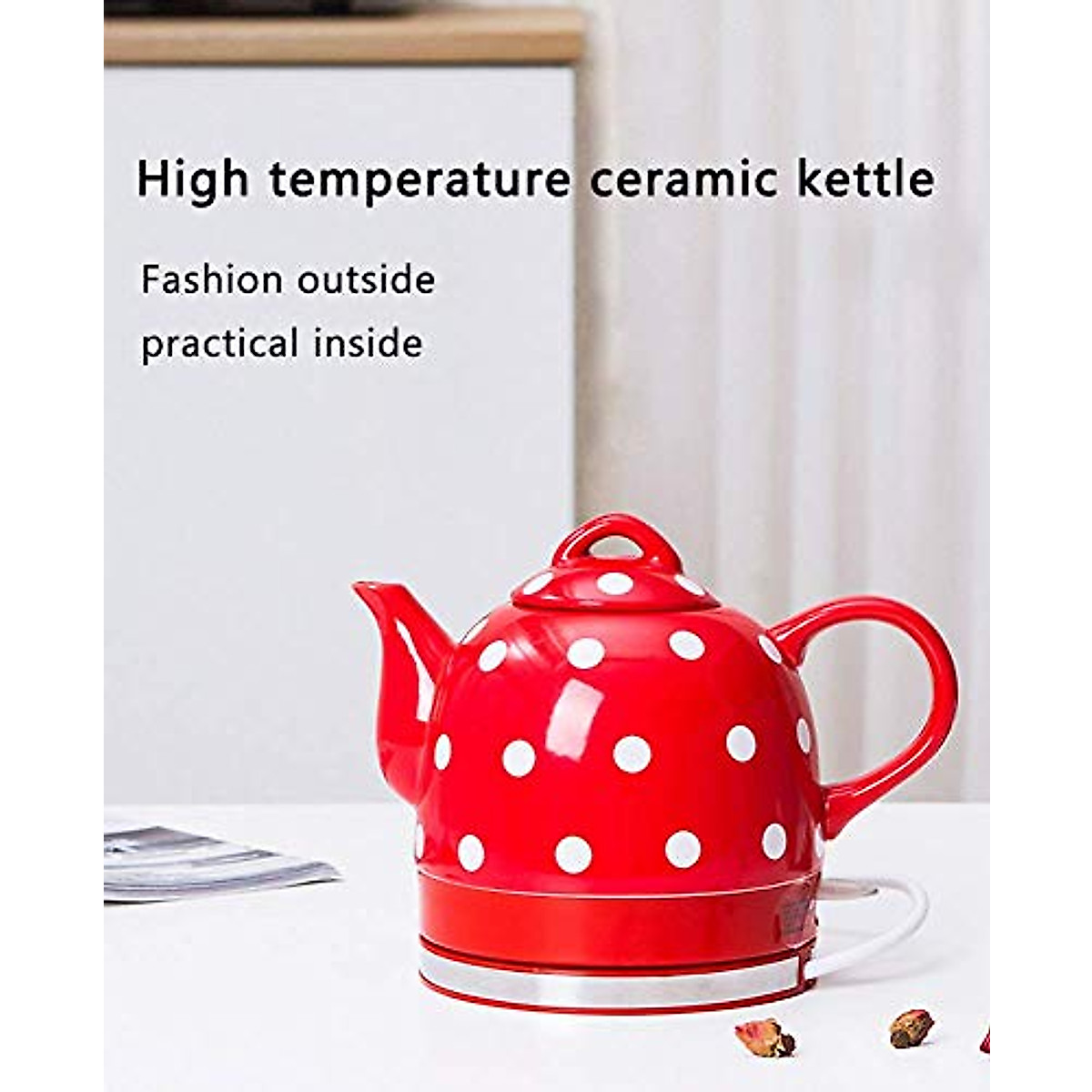 -Eleactric Ceramic Cordless Kettle Teapot-Retro 1.0L, 1000W Water Fast for Tea, Coffee, Soup, Oatmeal-Removable Base, Boil Dry Protection/Red/Blue