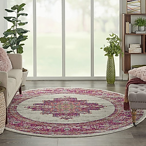 Nourison Passion Ivory/Fuchsia 8' x Round Area-Rug, Boho, Traditional, Easy-Cleaning, Non Shedding, Bed Room, Living Room, Hallway, (8' Round)