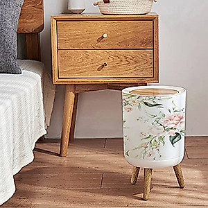 Small Trash Can with Lid Seamless Watercolor Floral Pink Flowers Green Leaves Branches on White Round Recycle Bin Press Top Dog Proof Wastebasket for Kitchen Bathroom Bedroom Office 7L/1.8 Gallon