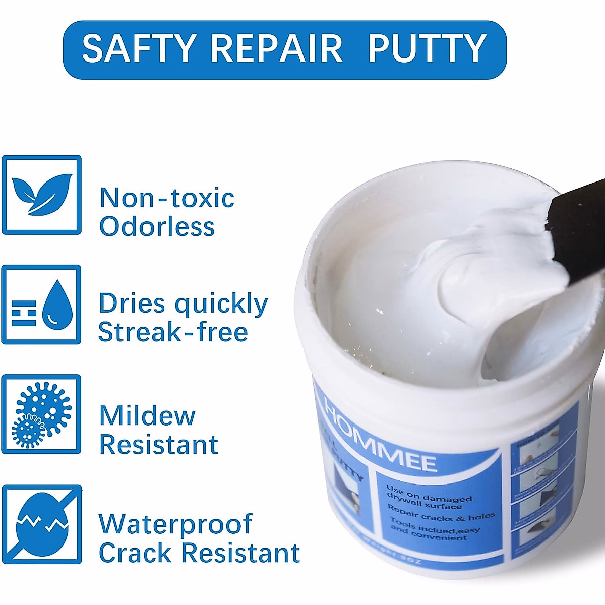 HOMMEE Drywall Repair Kit,Drywall Hole Patch Repair Kit to Fix Wall Surface Holes and Creak Damage with White Repair Putty 8.5OZ,Scraper,Sanding Pad Fill Quick and Easy Solution