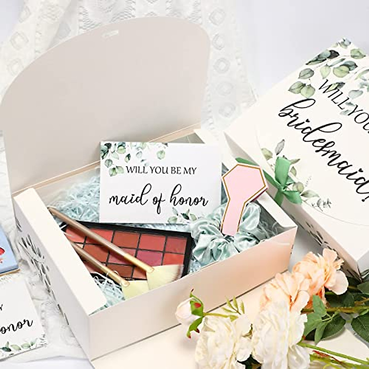 32 Pieces Bridesmaid Proposal Box Set Proposal Box Will You Be My Bridesmaid Cards with Envelopes Satin Scrunchie Bridesmaid Gift Box for Bridal Shower Wedding Bachelor Party (Greenery Style)