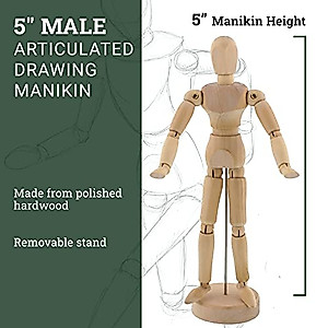 US Art Supply® Wood Artist Drawing Manikin Articulated Mannequin with Base and Flexible Body - Perfect for Drawing The Human Figure (5" Male)