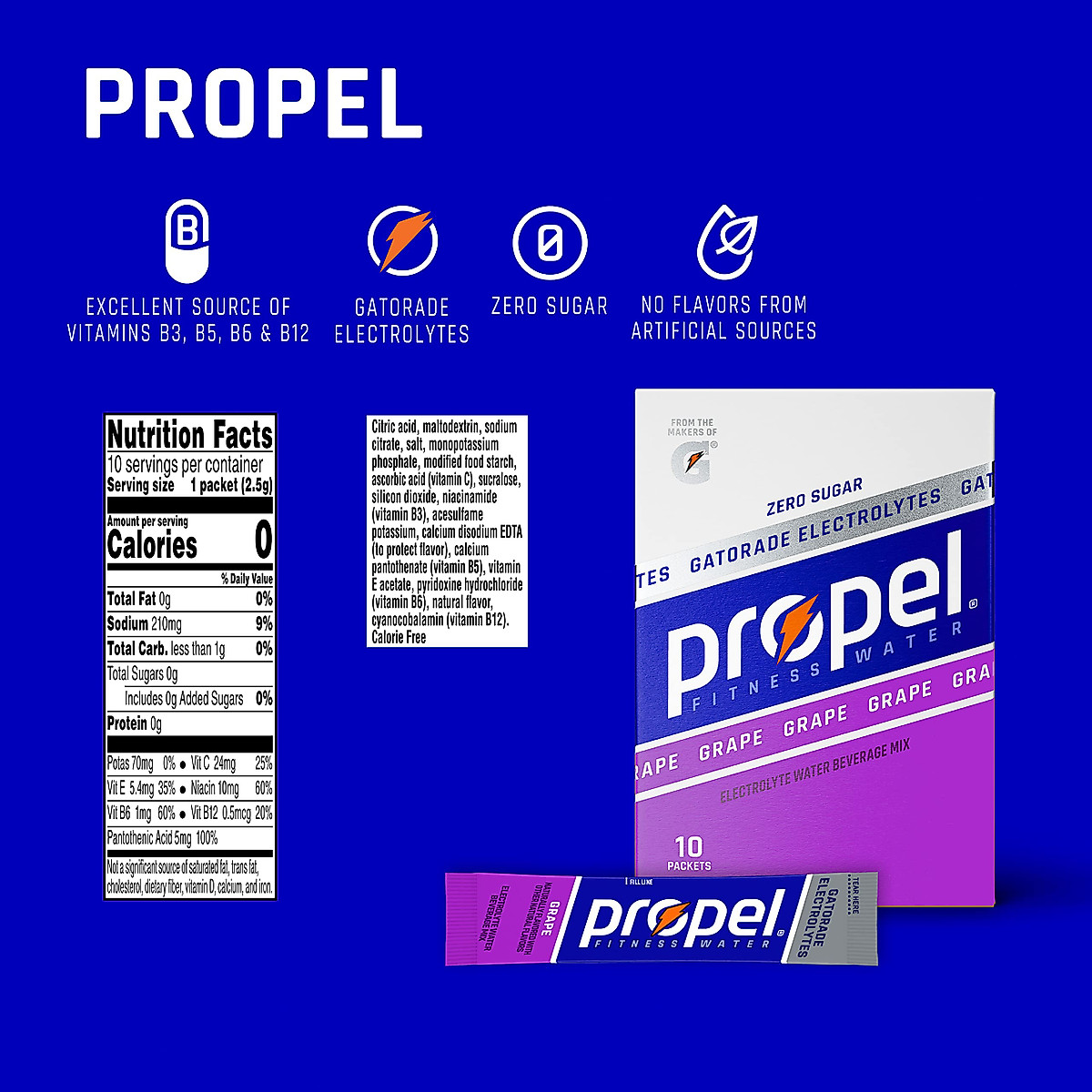 Propel Powder Packets Grape, With Electrolytes, Vitamins and No Sugar, 10 Count (Pack of 12) (Packaging May Vary)