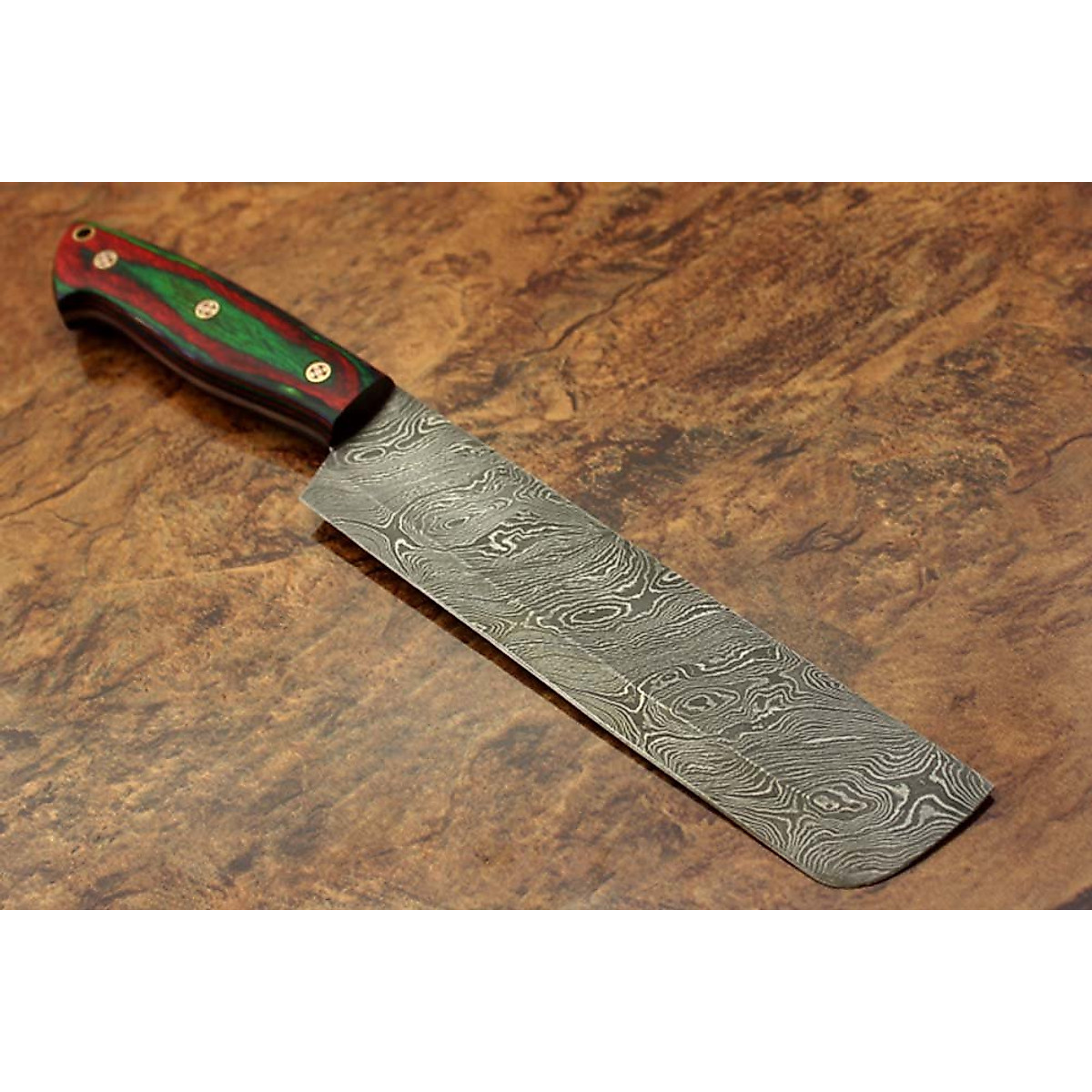 12.5" hand forged Damascus steel Nakiri knife, kitchen knife, vegetable knife, 2 tone Green & Maroon wood scale, Cow hide Leather sheath with belt loop