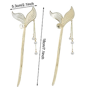 yueton 2PCS Fashion Fish Tail Alloy Hair Stick with Tassel Metal Pearl Rhinestions Hair Chopsticks Hair Forks Hairpins Hair Pins Chignon Pins Long Hair Decorations Hair Styling Pins for Buns