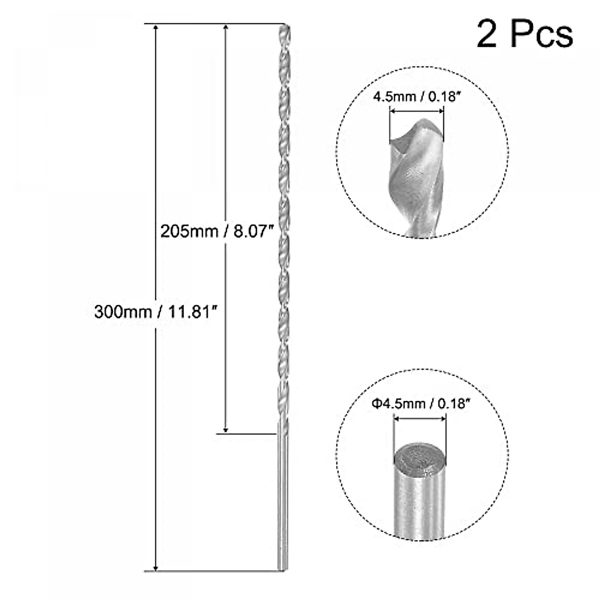 uxcell HSS(High Speed Steel) Extra Long Twist Drill Bits, 4.5mm Drill Diameter 300mm Length for Hardened Metal Woodwork Plastic Aluminum Alloy 2 Pcs
