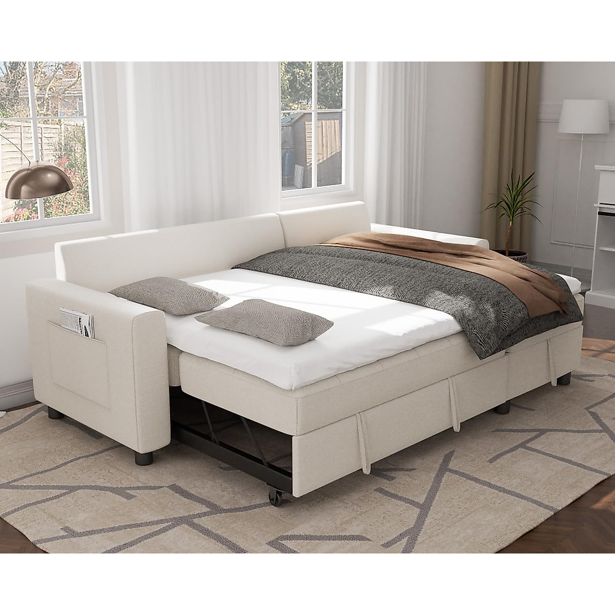 Ucloveria Sectional Sofa Couch, Sleeper Sofa Bed with Reversible Storage Chaise Pull Out Couch Bed for Living Room L-Shape Lounge 2 in 1 Futon Sofa with Side Storage Bag, 49"D x 78.5"W x 49"H, Beige