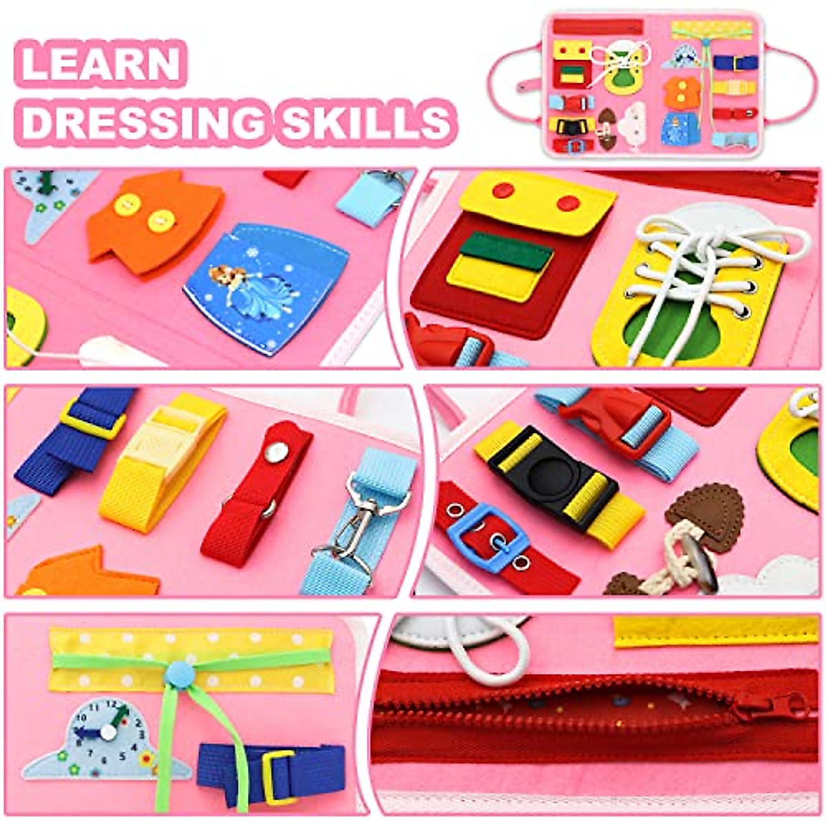 Busy Board Montessori Toys for Toddlers Sensory Board Toys Preschool Activities Educational Toys Learning Basic Dress Skills Travel Toys for Toddlers Gifts for 1 2 3 4 Year Old Boys & Girls (Pink)