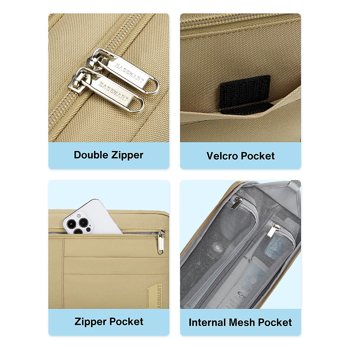 BAGSMART Travel Toiletry Bag, Toiletry Bag for Women and Men with Hanging Hook, Water-resistan Dopp Kit Door Room Essentials Makeup Cosmetic Bag, Shaving Bag Organizer for Traveling, Camping Khaki