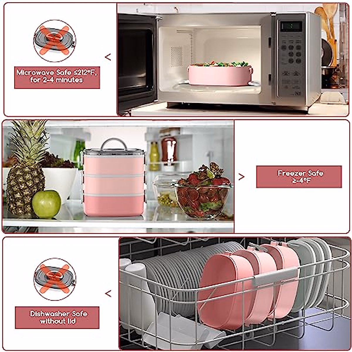 KHOXU Bento Lunch Box, Stackable 3 Layers Bento Box Adult Lunch Box, 94OZ Large Capacity Lunch Containers, Lunch Box Kids with Accessories Kit , Leak-Proof, Food-Safe Materials, Pink