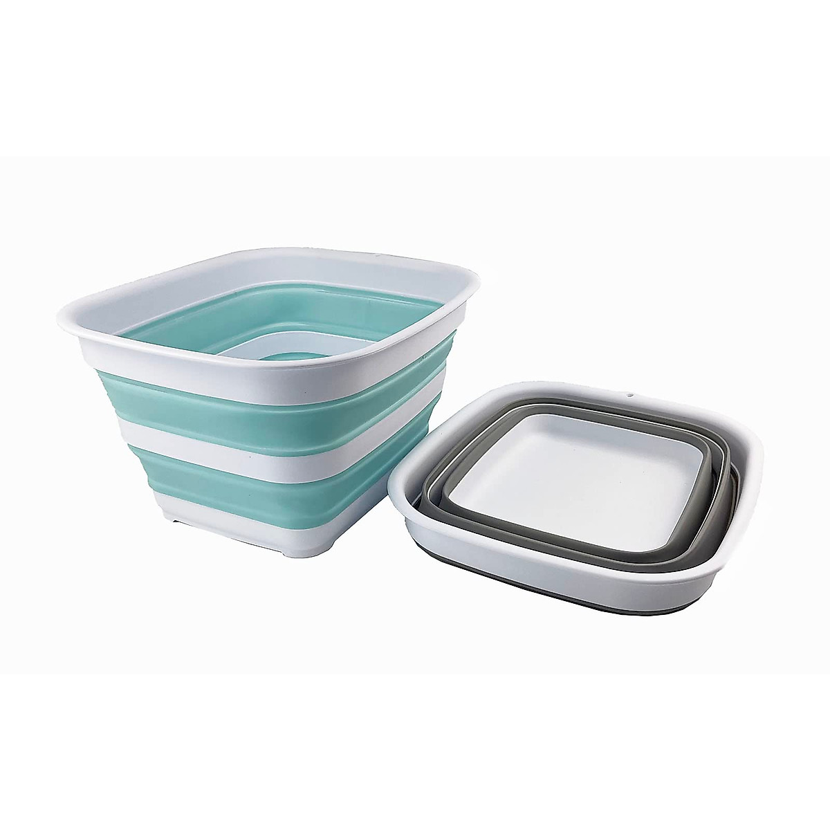 SAMMART 15L (3.9 gallons) Collapsible Plastic Washing Tub - Foldable Washtub - Portable Washing Basin - Space Saving Easy Storage (Lake Green+Grey (Set of 2))