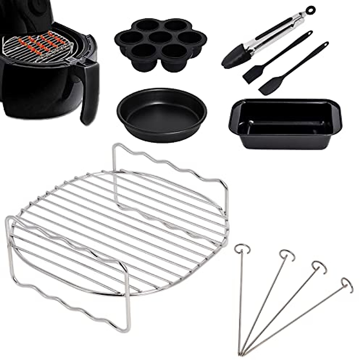 Air Fryer Skewer Rack Compatible with Philips Cosori Ninja Air Fryer 3.5-4.2L, 9Pcs Air Fryer Accessory Including Rack, Pizza Pan, Cake and Egg Mold, Food Grade 304 Stainless Steel Air Fryer Rack
