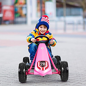 Costzon Pedal Go Kart for Kids, 4 Wheels Pedal Powered Ride on Toy, Outdoor Racer Children's Foot on Riding Car w/Adjustable Seat, Rubber Tires & 2 Brakes for Boys & Girls Age 3 to 8 (Pink)