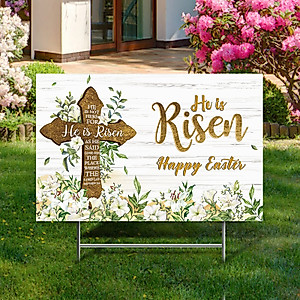 He Is Risen Easter Yard Sign Outdoor Decorations Happy Easter Yard Stakes Religious Easter Yard Decoration Easter Cross Sign Eucalyptus Lily Spring Yard Sign for Christian Holiday Garden Lawn Decor