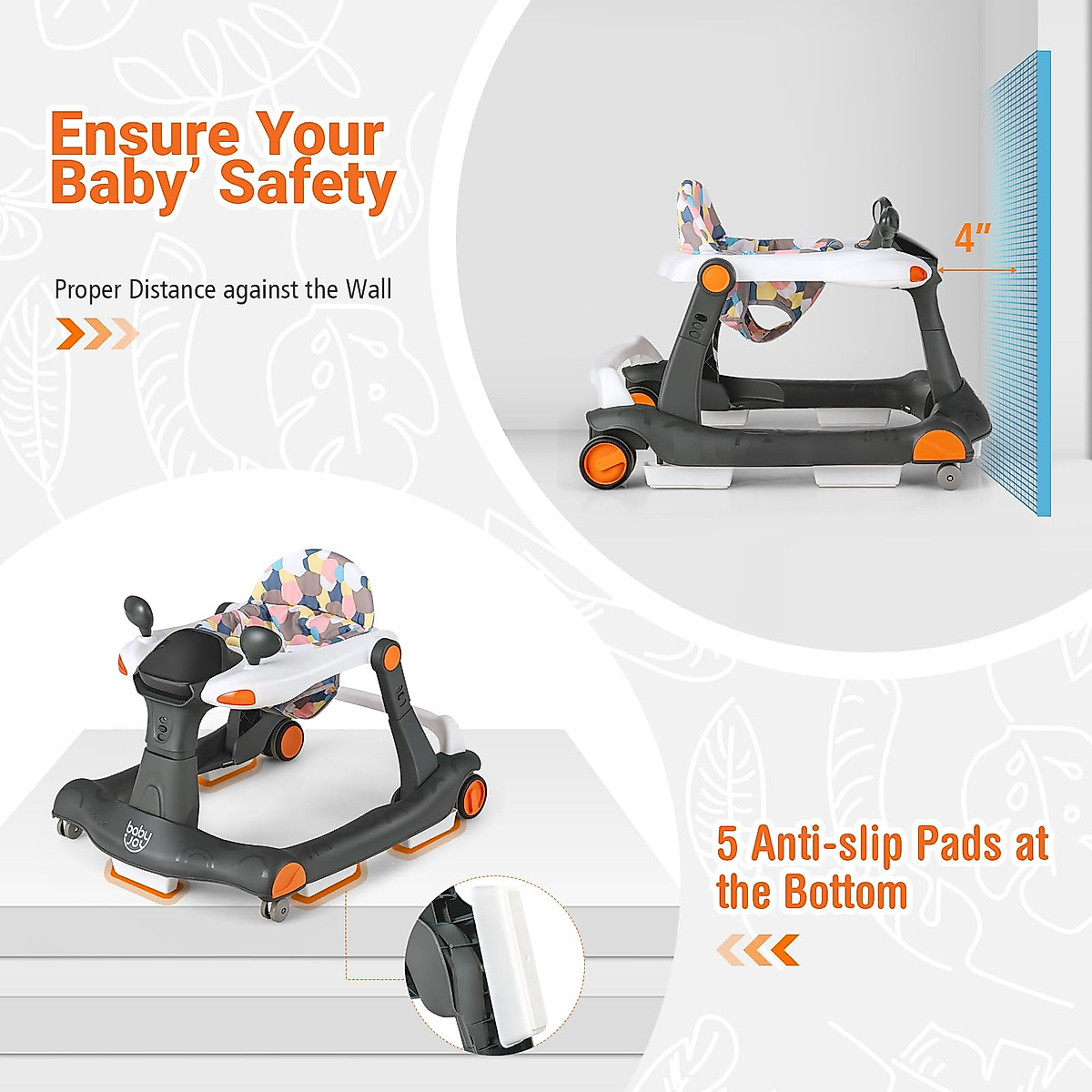 BABY JOY 2-in-1 Baby Walker, Foldable Activity Walker with Adjustable Height & Speed, Music, Lights, Mirrors, Padded Seat Cushion, Activity Baby Push Walker for Toddler Boys Girls, Ages 6 – 18 Months