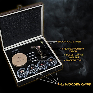 Cocktail Smoker Kit with Torch – Smoking Set for Cocktails, 4 Wood Chips Flavors, and 4 Drink Chillers – Old Fashioned Bourbon Smoke Infuser – Gift for Men or Whiskey Lover (No Butane)