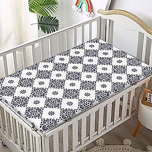 Damask Themed Fitted Crib Sheet,Standard Crib Mattress Fitted Sheet Soft & Stretchy Fitted Crib Sheet - Baby Sheet for Boys Girls,28“ x52“,Purple White