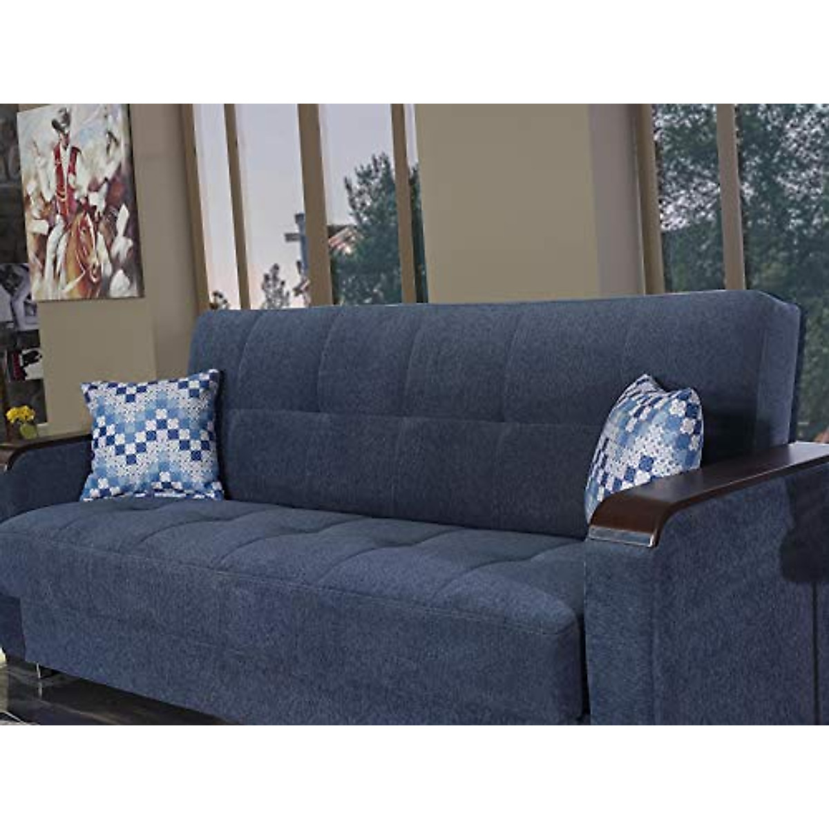 BEYAN Zurich Modern Upholstered Tufted Sleeper Sofa with Storage, 89", Blue