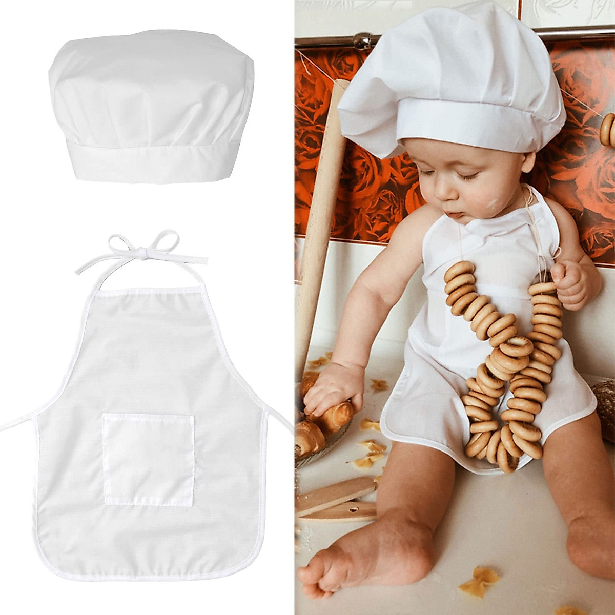 SPOKKI Baby Photography Prop, Chef Hat Apron Photo Props Costume Come with 2PCS Photography Hair Clips for Infant Twins | 6-24 Months (Boy)