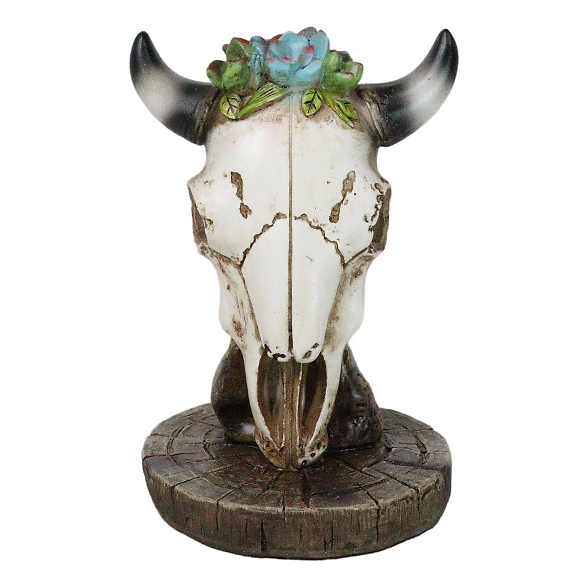 Ebros Gift Southwest Aged Bone Bull Cow Steer Head Skull with Floral Succulents Sculpture On Round Wooden Slice Base As Bisons Steers Cows Fossil Faux Taxidermy Rustic Western Decor Sculpture
