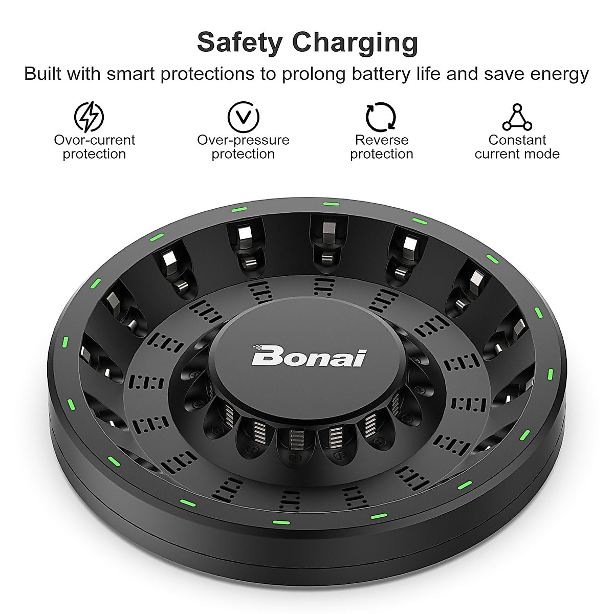 BONAI AA AAA Rechargeable Battery Charger for NiMH NiCD Batteries with AC High-Speed Plug Cable and Smart LED Light