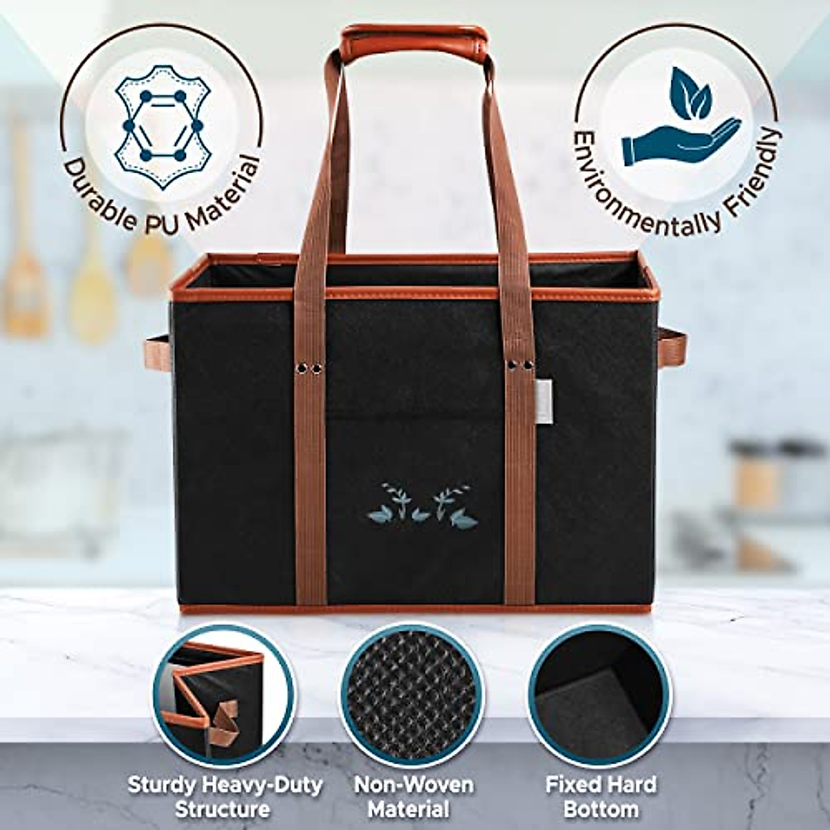 Liviable Set of 2, Large Reusable Grocery Shopping Bags,Collapsible,Heavy Duty Tote, Box Bags with Long Handles,Reinforced Bottom, Black