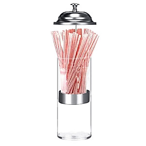 Straw Dispenser for Pencils with Stainless Steel Lid, Clear Acrylic Straw Holder, 100 Striped Plastic Straws