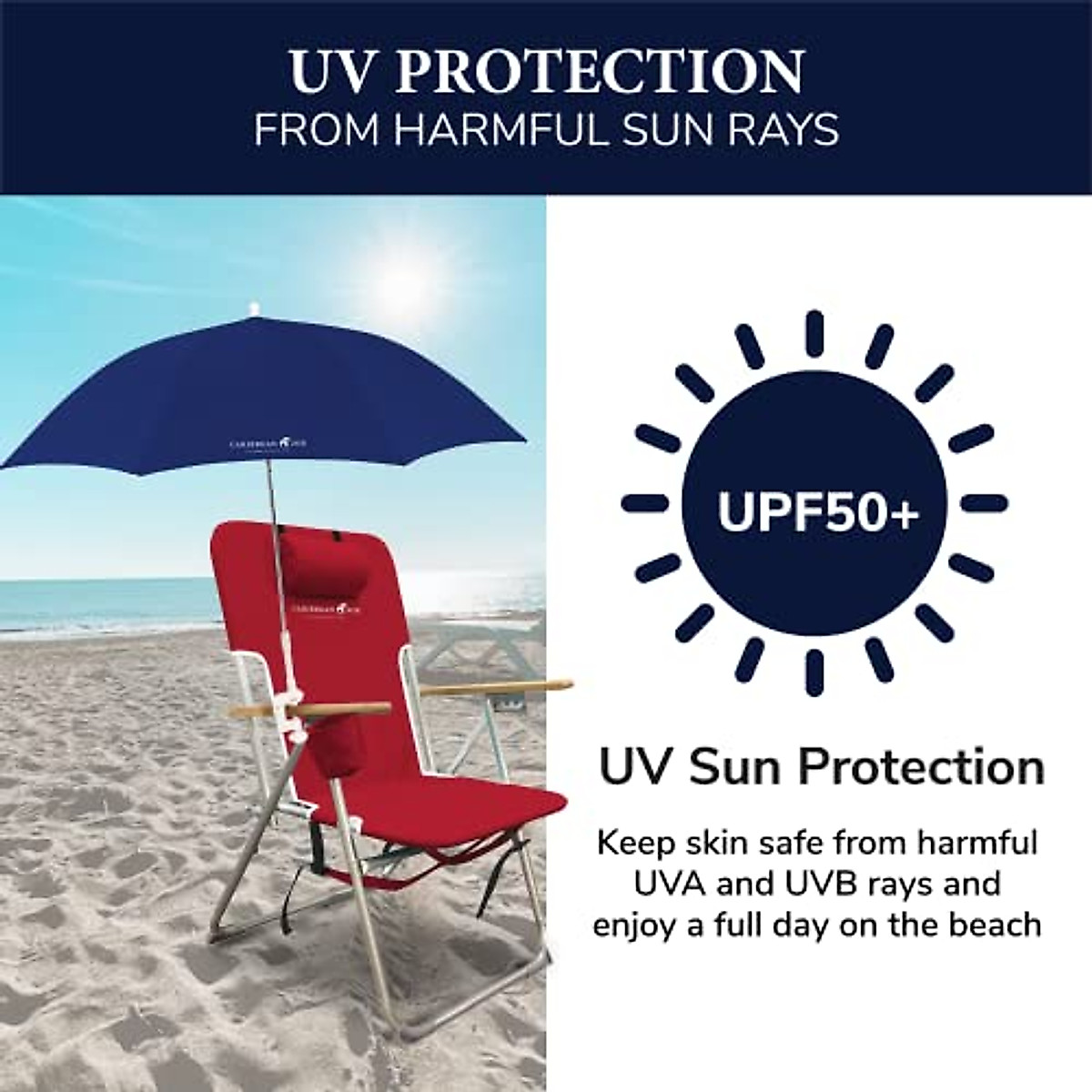 Caribbean Joe Beach Umbrella for Chair, Adjustable and Universal Clamp On Beach Umbrella with UV Protection, 48 Inch Arc, Navy