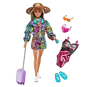 Barbie Doll & Accessories, Holiday Fun Summer Travel Doll with Rainbow Jogger Top and Shorts, Swimsuit, Luggage and More