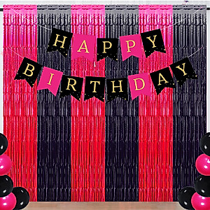 Hot Pink Backdrop Curtain, Black and Hot Pink Birthday Decorations Hot Pink Black Backdrop Wall Streamers for Graduation Girls Women Wedding Bridal Baby Shower Bachelorette Party Decorations (3 Pack)