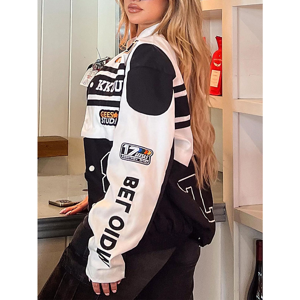 Angsuttc Bomber Jacket Motorcycle Detachable Letter Graphic Racer Jackets Color Contrast Varsity Coats Skirt Set Black XL