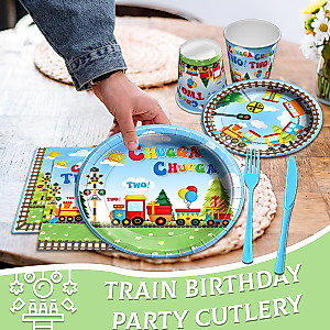 Chugga Chugga Two Two Party Supplies,142PCS Birthday Decoration Train Paper Plates Tableware Set Chuagaa Chugga Two Two Transportation Table cloth Banner Cups for 2nd Birthday Train Party Supplies