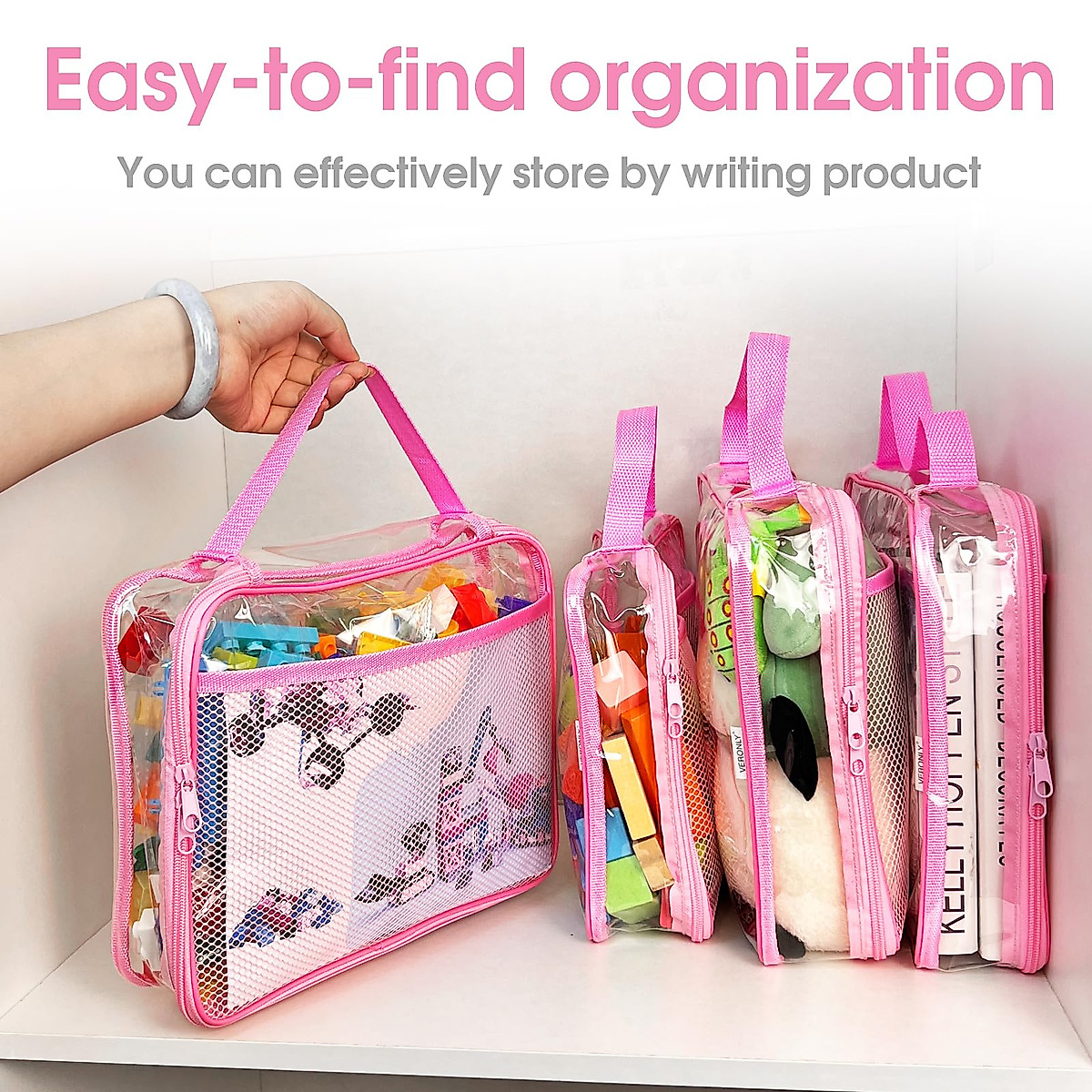 Toy Zippered Blocks Set Storage Bags for boy girls - 4PC Large PVC Storage Organizer Bags with Mesh Side Pockets for Puzzle, Clay, Book, Small Models and Mini Plush Toys. XL: 10.4" x3 "x13.3