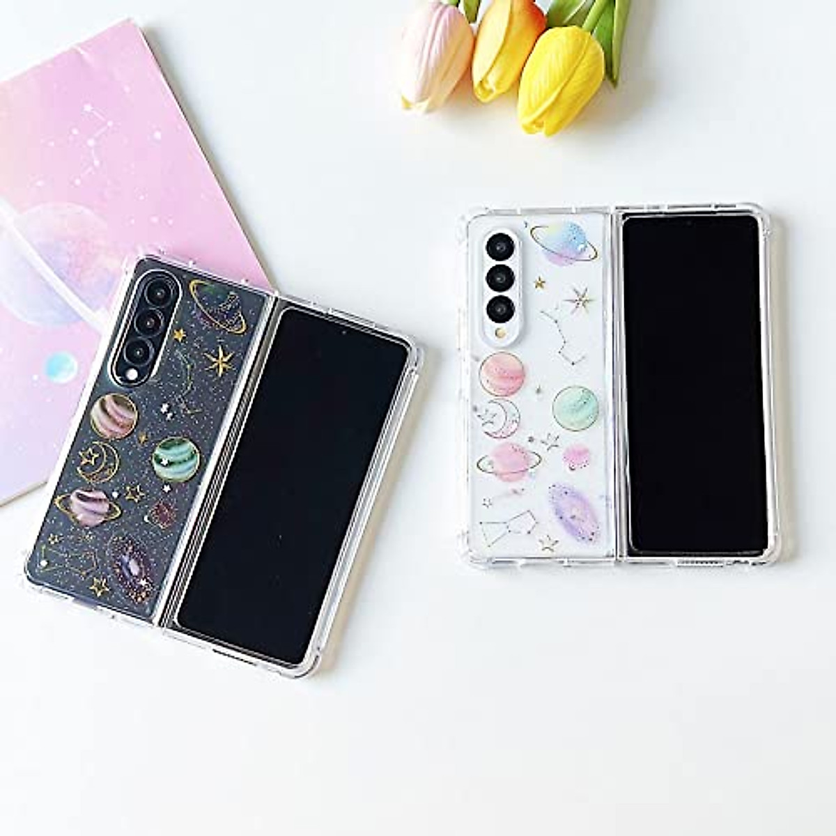 Abbery for Samsung Galaxy Z Fold 4 5G Case Clear with Design, Cute for Women Glitter Stars Moon Sparkle TPU & PC Transparent Space Theme Aesthetic Case for Samsung Galaxy Z Fold 4 (Space)