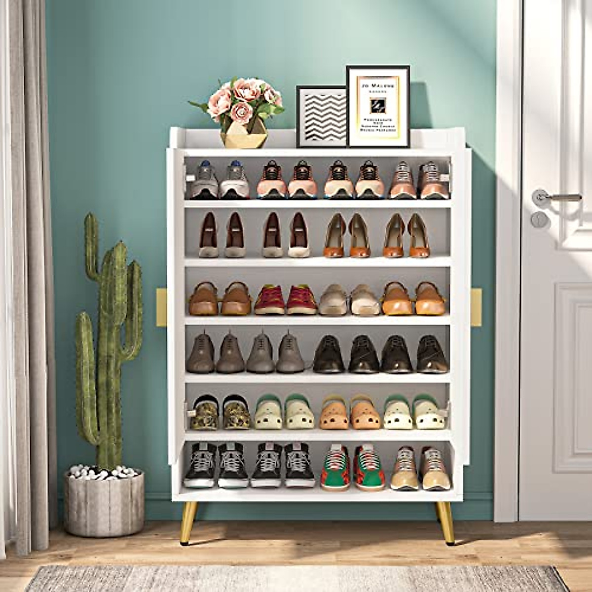 LITTLE TREE Shoe Cabinet, 24 Pair Shoe Cabinets with Doors & Adjustable Shelves, 7-Tier Modern Shoe Racks Storage Organizer for Entryway, Living Room, Bedroom, White + Gold