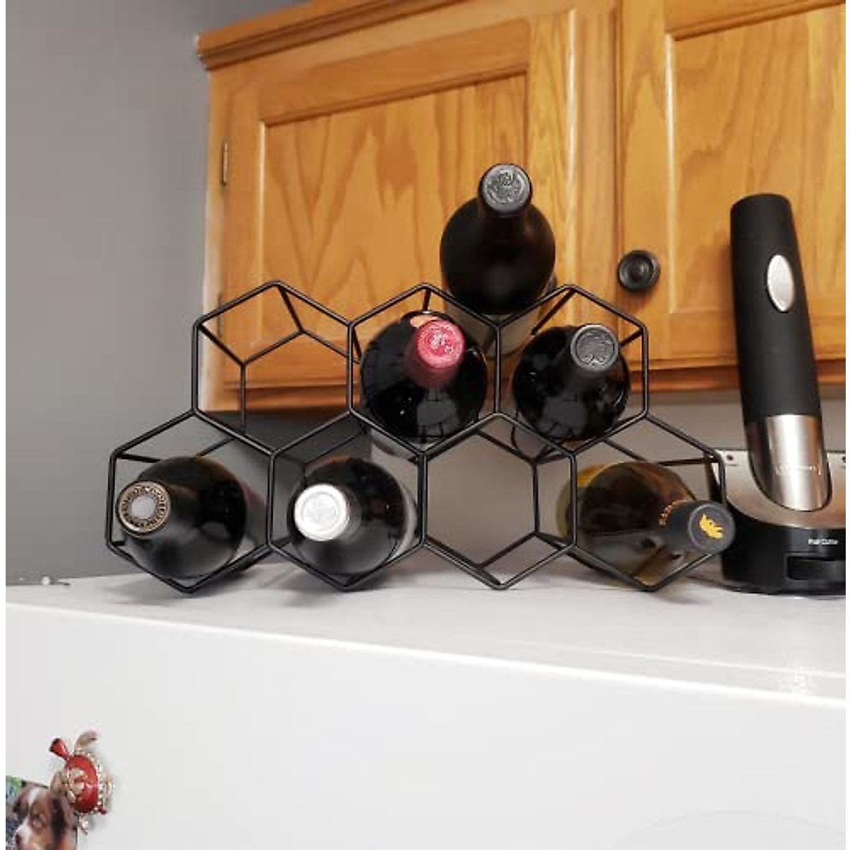 Countertop Wine Rack Freestanding, Small Wine Holder Stand Metal Wine Rack Honeycomb, Black 9 Wine Bottle Holder Organizer for Water Bottle, Tabletop Wine Storage Holder Rack for Home Kitchen Bar