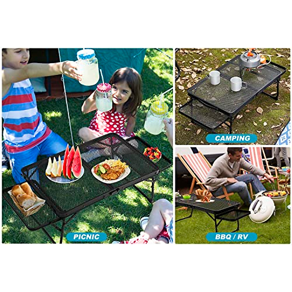 SKIKEN Small Low Camping Table with Wing Panels, Folding Low Picnic Table, Sturdy Steel Mesh Outdoor Table, Waterproof and Heat Resistant, Aluminum (3ft, Black)