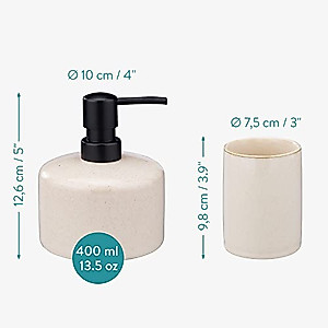 Navaris Ceramic Bathroom Accessories Set (3 Pieces) - Includes Soap Dispenser, Toothbrush Holder, Soap Dish - Modern Bath Accessory Holders - Sand
